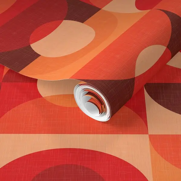 Spoonflower Monochrome Geometry Orange Sunrise Geo Mid Century Custom Pre-pasted Wallpaper - Orange,red