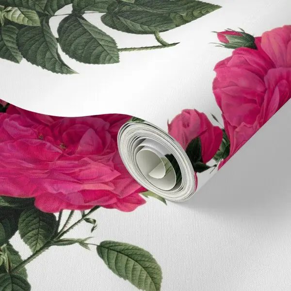 Spoonflower Rose Hot Pink Floral Flowers Romantic Botanical Custom Pre-pasted Wallpaper - Pink,green,gray