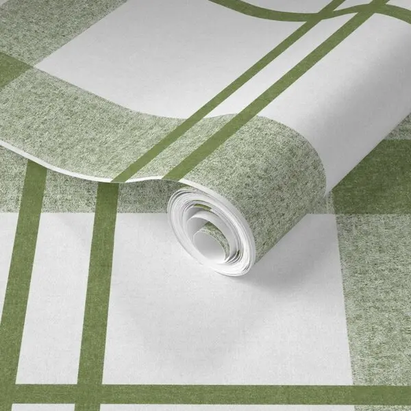 Spoonflower Avocado Green Plaid Olive Sage Rustic Stripe Check Custom Pre-pasted Wallpaper - Green,sage