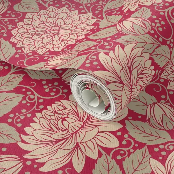 Spoonflower Pink Vintage Flowers Floral Magenta Vivid Bold Custom Pre-pasted Wallpaper - Purple,pink,beige