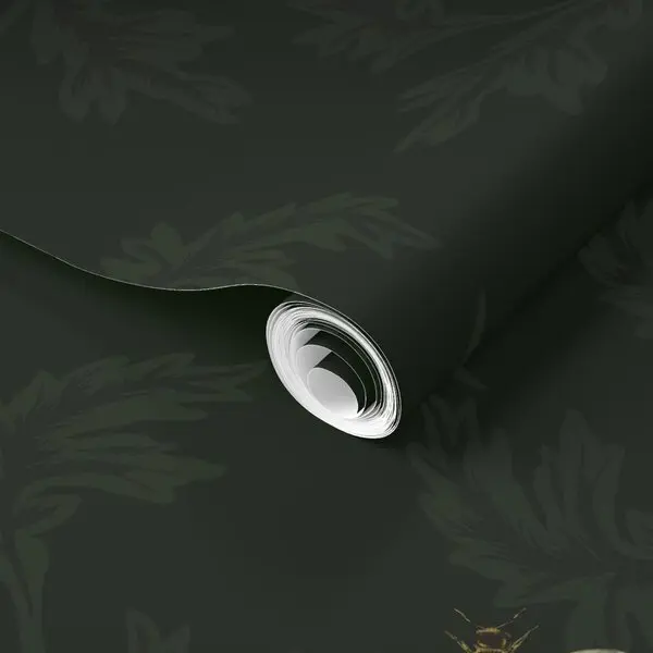 Spoonflower Victorian Honeybees Dark Monochrome Swirl Custom Pre-pasted Wallpaper - Green