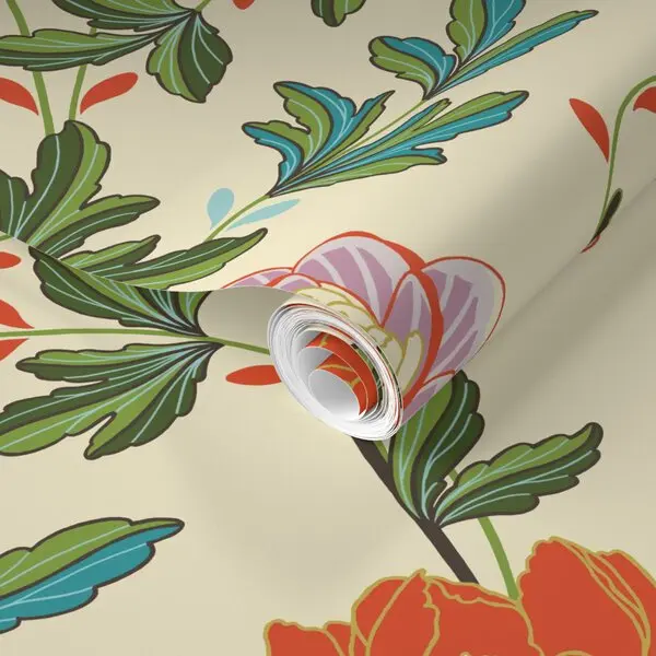 Spoonflower Botanical Chinoiserie Blue Green Red Orange Retro Custom Removable Wallpaper - Cream,beige,red