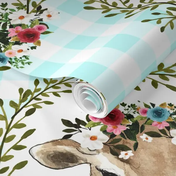 Spoonflower Floral Cow Blue Gingham Country Flowers Shabby Custom Removable Wallpaper - Blue,white,green