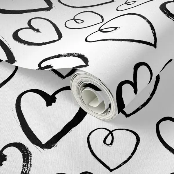 Spoonflower Heart Black White Love Valentines Trendy Hearts Custom Removable Wallpaper - Black,white,gray