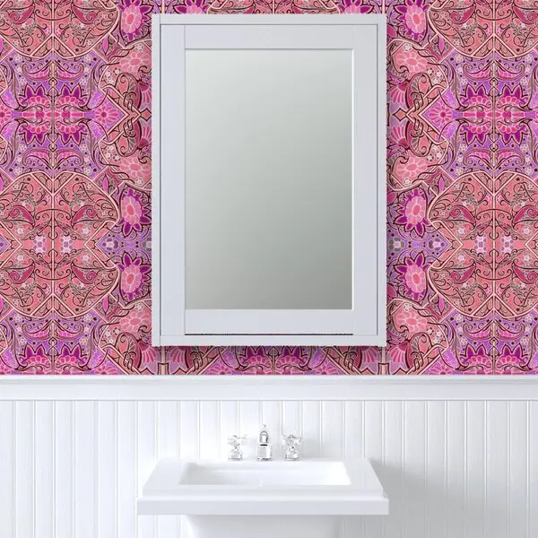 Spoonflower Pink Stars Bold Circle Art Nouveau Cheerful Custom Pre-pasted Wallpaper - Pink,brown