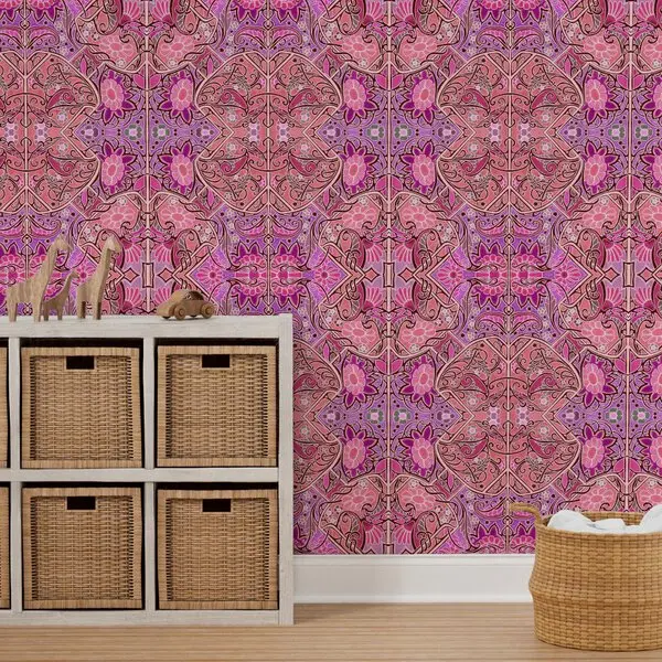 Spoonflower Pink Stars Bold Circle Art Nouveau Cheerful Custom Pre-pasted Wallpaper - Pink,brown