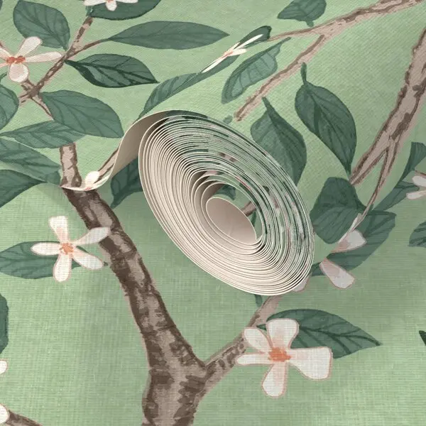 Spoonflower Bird Leaves Birds Tree Branch Leaf Garden Custom Pre-pasted Wallpaper - Green
