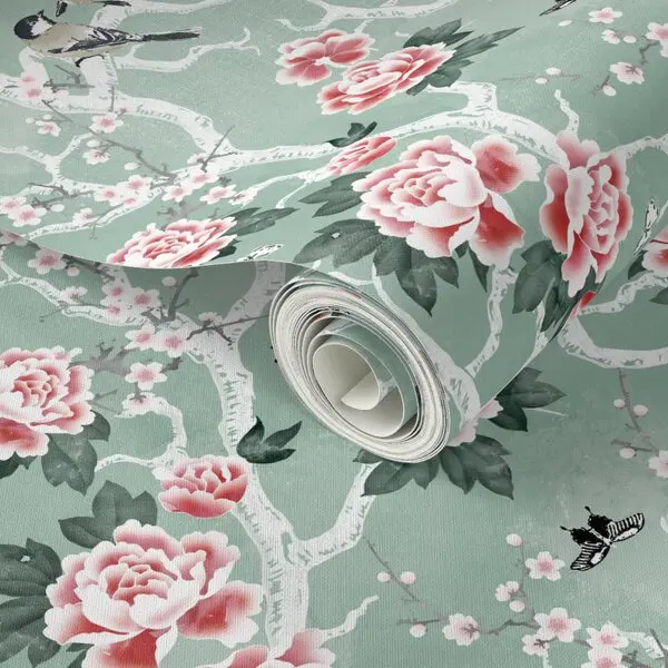 Spoonflower Nature Chinoiserie Oriental Peony Cherry Blossom Custom Removable Wallpaper - Gray,green,red