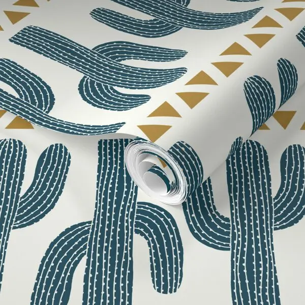 Spoonflower Stripe Green Gold Cactus Desert Triangle Custom Removable Wallpaper - Blue,mint,green