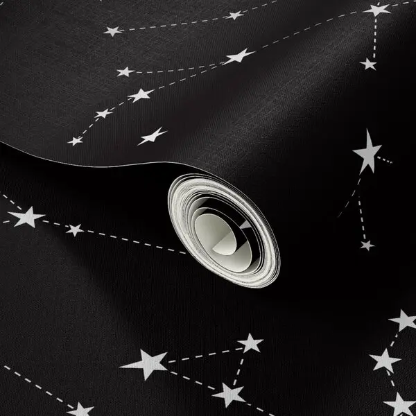 Spoonflower Stars Zodiac Constellations Black Constellation Custom Pre-pasted Wallpaper - Black,white,gray
