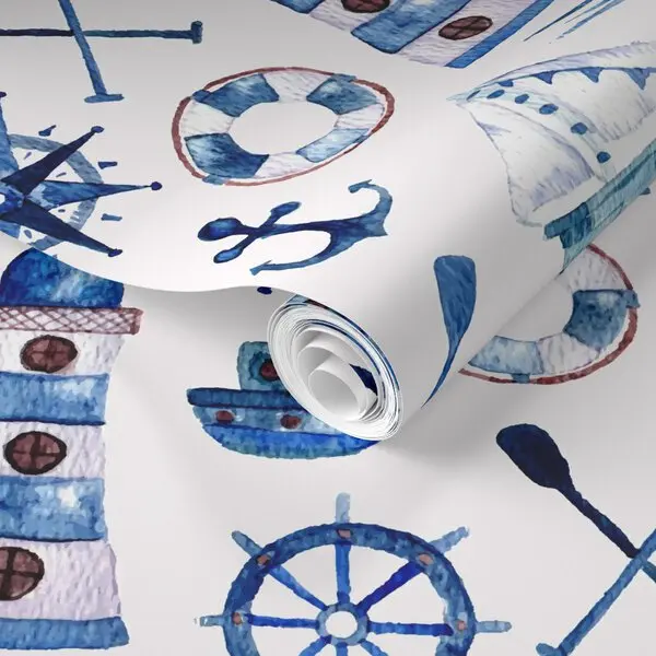 Spoonflower Blue Navy Watercolor Ships Nautical Anchor Custom Pre-pasted Wallpaper - Blue,white,gray