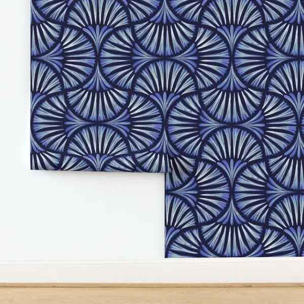 Spoonflower Geometric Floral Abstract Thistle French Custom Pre-pasted Wallpaper - Blue