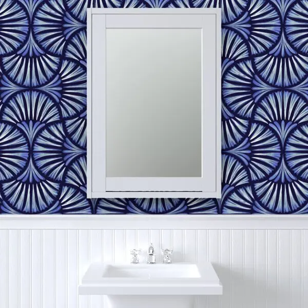 Spoonflower Geometric Floral Abstract Thistle French Custom Pre-pasted Wallpaper - Blue