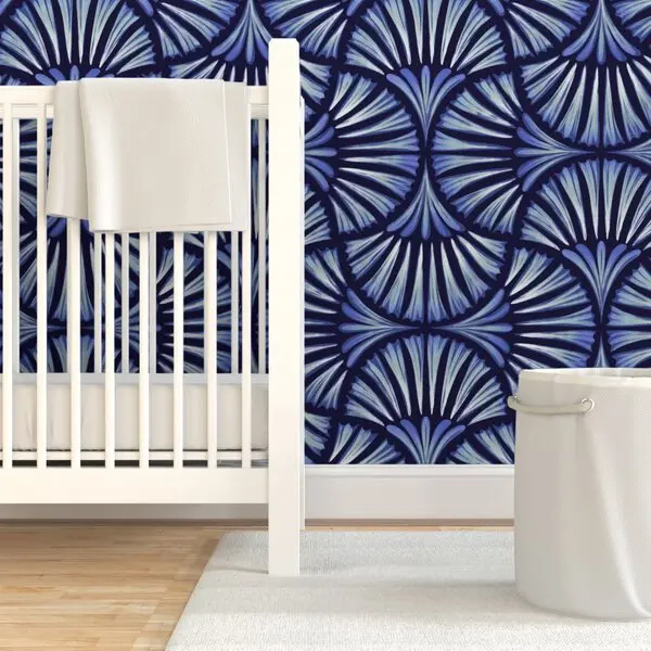 Spoonflower Geometric Floral Abstract Thistle French Custom Pre-pasted Wallpaper - Blue