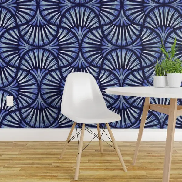 Spoonflower Geometric Floral Abstract Thistle French Custom Pre-pasted Wallpaper - Blue
