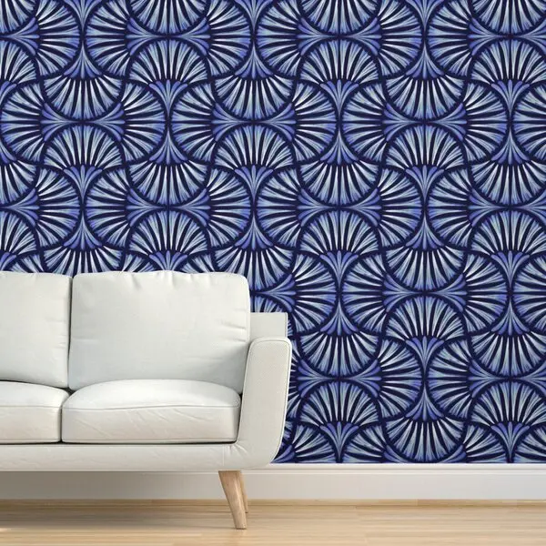 Spoonflower Geometric Floral Abstract Thistle French Custom Pre-pasted Wallpaper - Blue