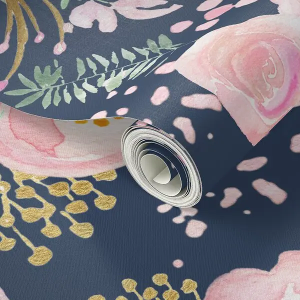 Spoonflower Navy Floral Pink Gold Watercolor Flowers Bouquets Custom Removable Wallpaper - Pink,blue,green