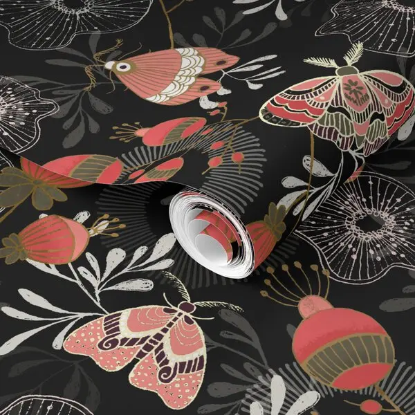 Spoonflower Flower Black Vintage Butterfly Floral Nature Traditional Wallpaper - Red,brown,green