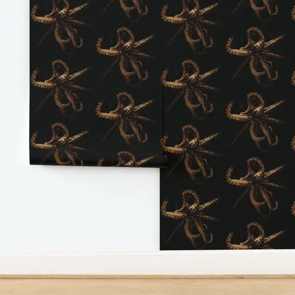 Spoonflower Black Ocean Octopus Sepia Coral Reef Steampunk Custom Pre-pasted Wallpaper
