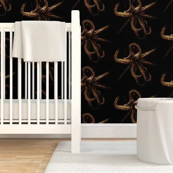 Spoonflower Black Ocean Octopus Sepia Coral Reef Steampunk Custom Pre-pasted Wallpaper