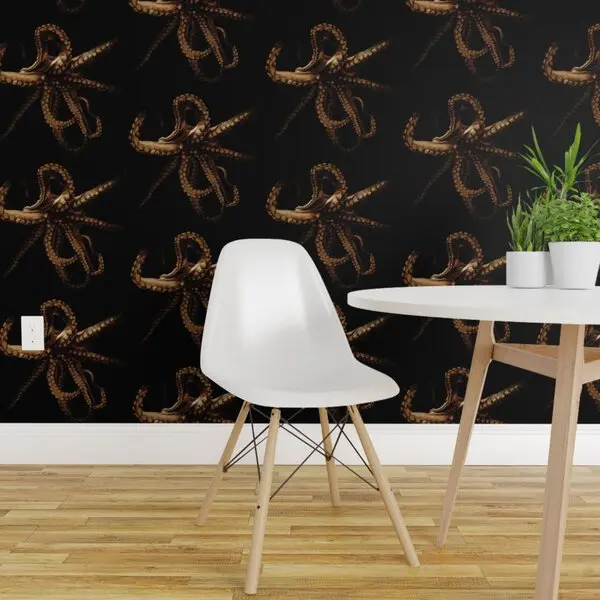 Spoonflower Black Ocean Octopus Sepia Coral Reef Steampunk Custom Pre-pasted Wallpaper