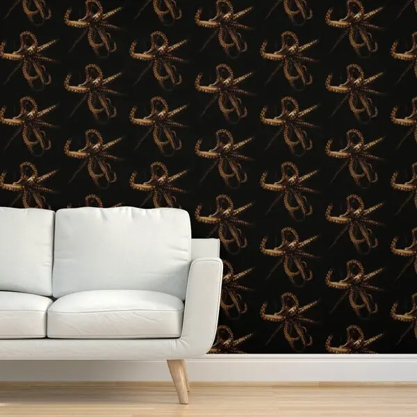 Spoonflower Black Ocean Octopus Sepia Coral Reef Steampunk Custom Pre-pasted Wallpaper