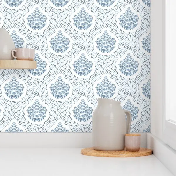 Spoonflower French Blue Traditional Simple Botanical Classic Custom Pre-pasted Wallpaper