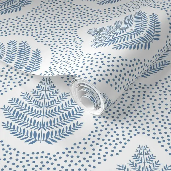 Spoonflower French Blue Traditional Simple Botanical Classic Custom Pre-pasted Wallpaper - Blue,white