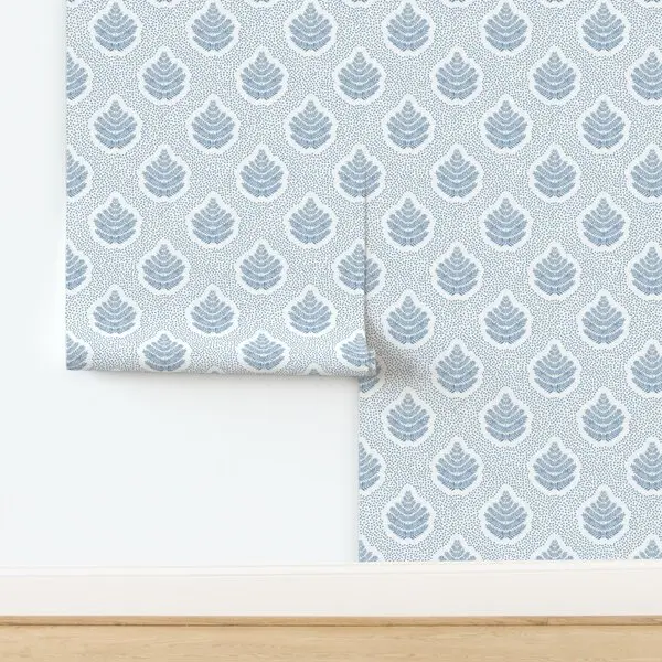 Spoonflower French Blue Traditional Simple Botanical Classic Custom Pre-pasted Wallpaper - Blue,white