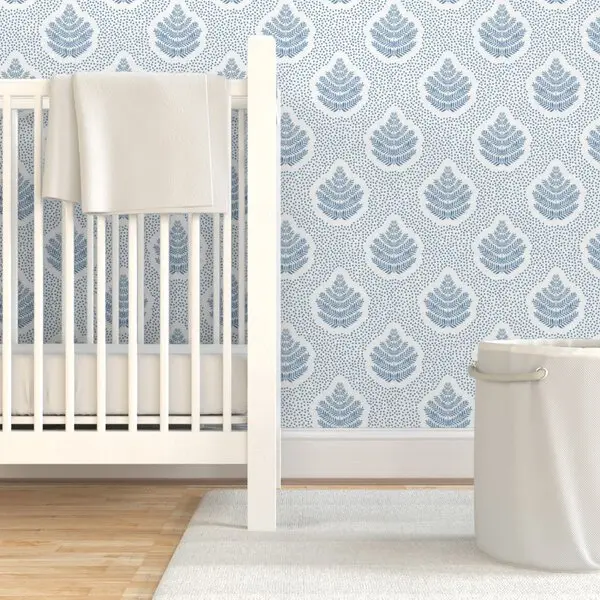 Spoonflower French Blue Traditional Simple Botanical Classic Custom Pre-pasted Wallpaper - Blue,white