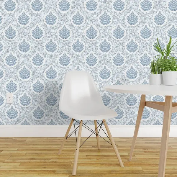 Spoonflower French Blue Traditional Simple Botanical Classic Custom Pre-pasted Wallpaper - Blue,white