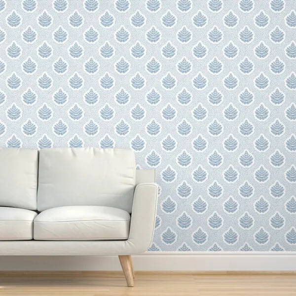 Spoonflower French Blue Traditional Simple Botanical Classic Custom Pre-pasted Wallpaper - Blue,white