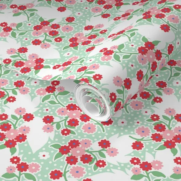 Spoonflower Green Flowers Floral Retro Cottage 1930 Custom Pre-pasted Wallpaper - Green,pink,gray
