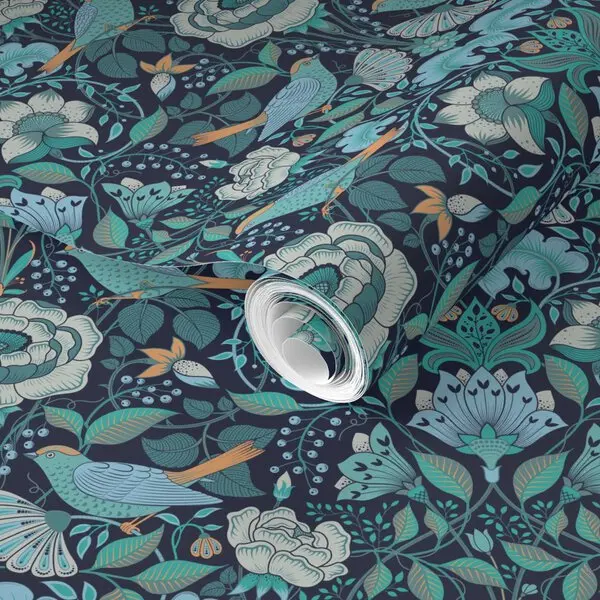 Spoonflower Botanical Birds Flower Damask Nature Teal Custom Pre-pasted Wallpaper - Blue