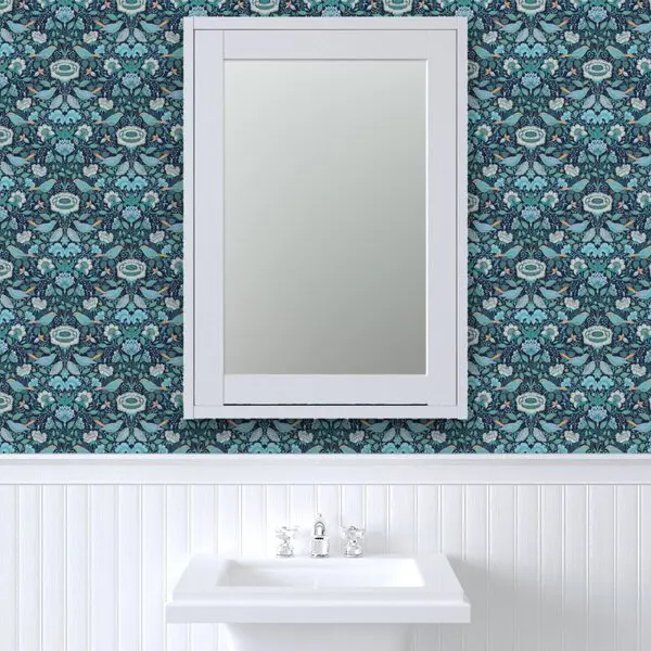 Spoonflower Botanical Birds Flower Damask Nature Teal Custom Pre-pasted Wallpaper - Blue