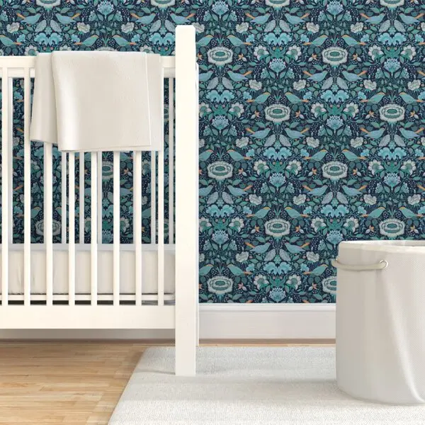 Spoonflower Botanical Birds Flower Damask Nature Teal Custom Pre-pasted Wallpaper - Blue