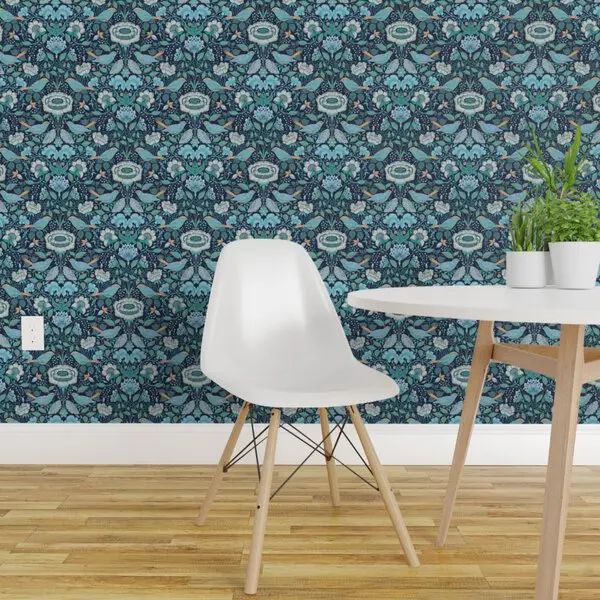 Spoonflower Botanical Birds Flower Damask Nature Teal Custom Pre-pasted Wallpaper - Blue