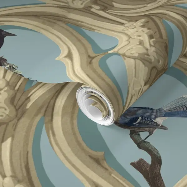 Spoonflower Vintage Birds Pale Damask Goth Victorian Custom Pre-pasted Wallpaper