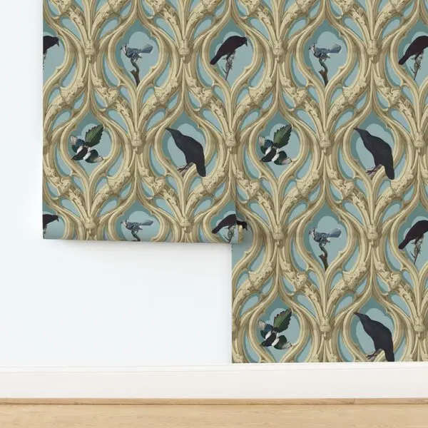 Spoonflower Vintage Birds Pale Damask Goth Victorian Custom Pre-pasted Wallpaper