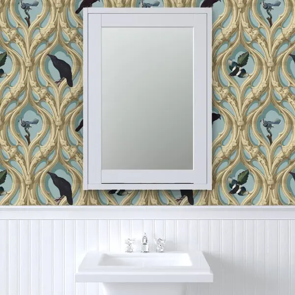 Spoonflower Vintage Birds Pale Damask Goth Victorian Custom Pre-pasted Wallpaper