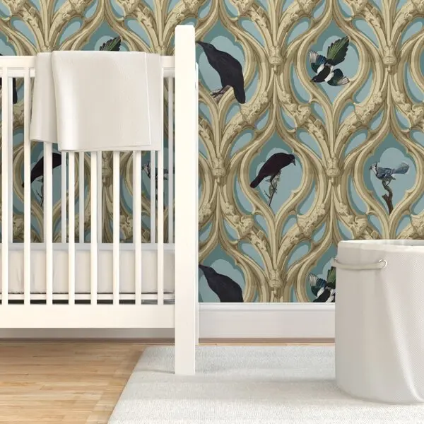 Spoonflower Vintage Birds Pale Damask Goth Victorian Custom Pre-pasted Wallpaper