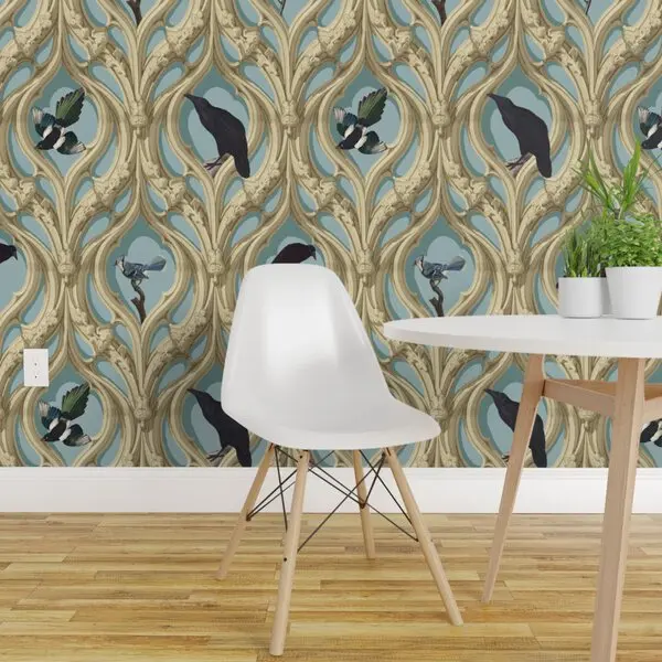 Spoonflower Vintage Birds Pale Damask Goth Victorian Custom Pre-pasted Wallpaper