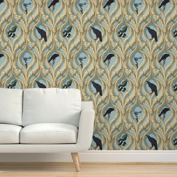 Spoonflower Vintage Birds Pale Damask Goth Victorian Custom Pre-pasted Wallpaper