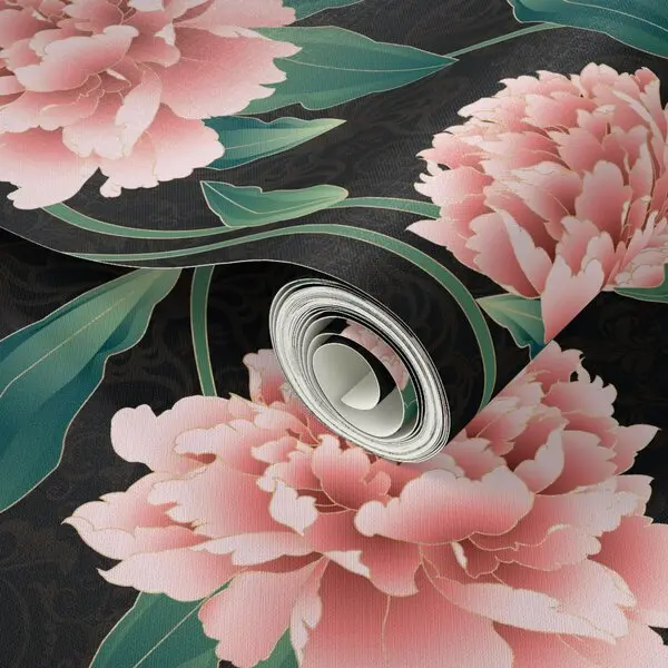 Spoonflower Blush Pink Peony Black Floral Art Nouveau Flowers Custom Pre-pasted Wallpaper - Black,blue,pink