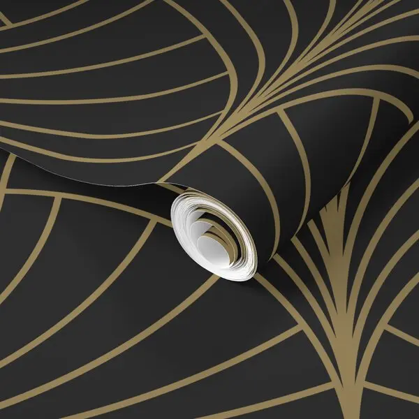 Spoonflower Inter Wave Gold On Charcoal Custom Pre-pasted Wallpaper - Black,gray,brown