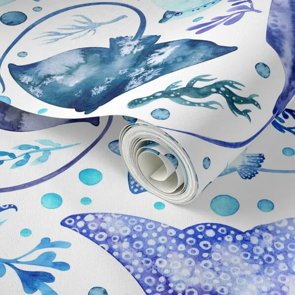 Spoonflower Watercolor Stingrays White Seaweed Ocean Custom Pre-pasted Wallpaper
