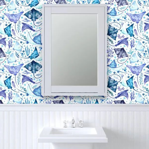 Spoonflower Watercolor Stingrays White Seaweed Ocean Custom Pre-pasted Wallpaper