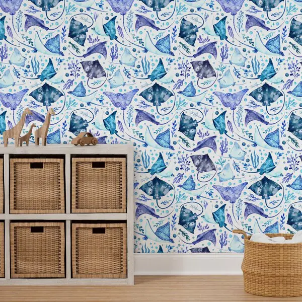 Spoonflower Watercolor Stingrays White Seaweed Ocean Custom Pre-pasted Wallpaper