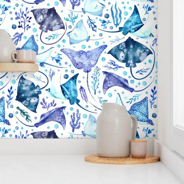 Spoonflower Watercolor Stingrays White Seaweed Ocean Custom Pre-pasted Wallpaper