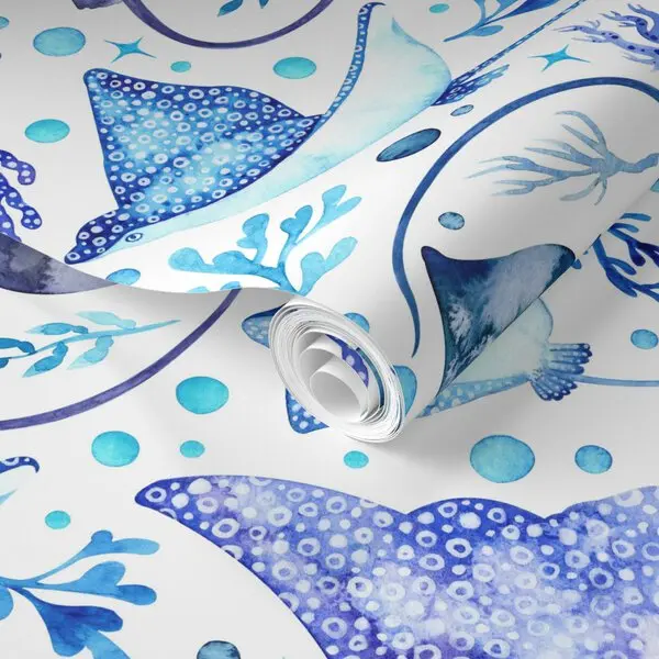 Spoonflower Watercolor Stingrays White Seaweed Ocean Custom Pre-pasted Wallpaper